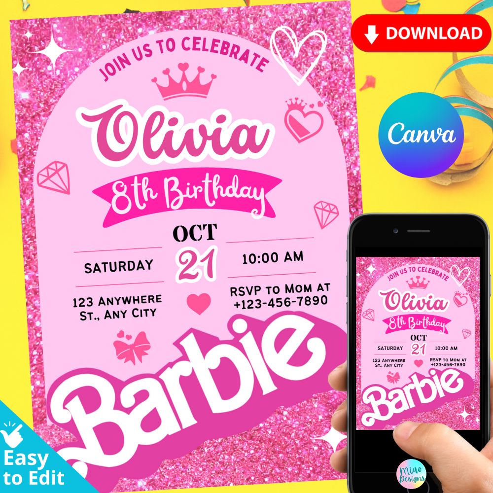 Barbie Pink Girl Birthday Invitation Template | Inspire Uplift
