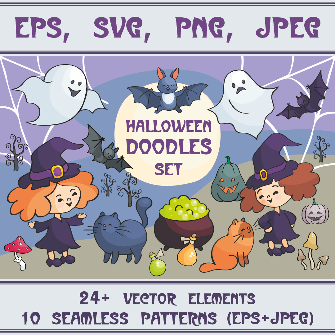 Halloween doodles set | Vector clip arts and seamless patter - Inspire ...