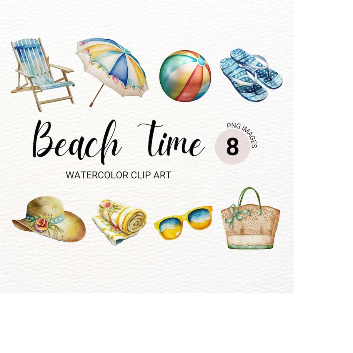 Beach Time Clipart | Watercolor Summer Clipart | Kawaii Clip | Inspire ...