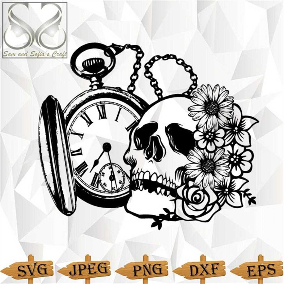 Flower Skull and Pocket Watch Svg Png | Timepiece Pocket Wat | Inspire ...