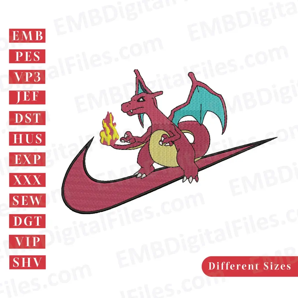 Nike Swoosh Red's Charizard Pokemon embroidery design | Inspire Uplift