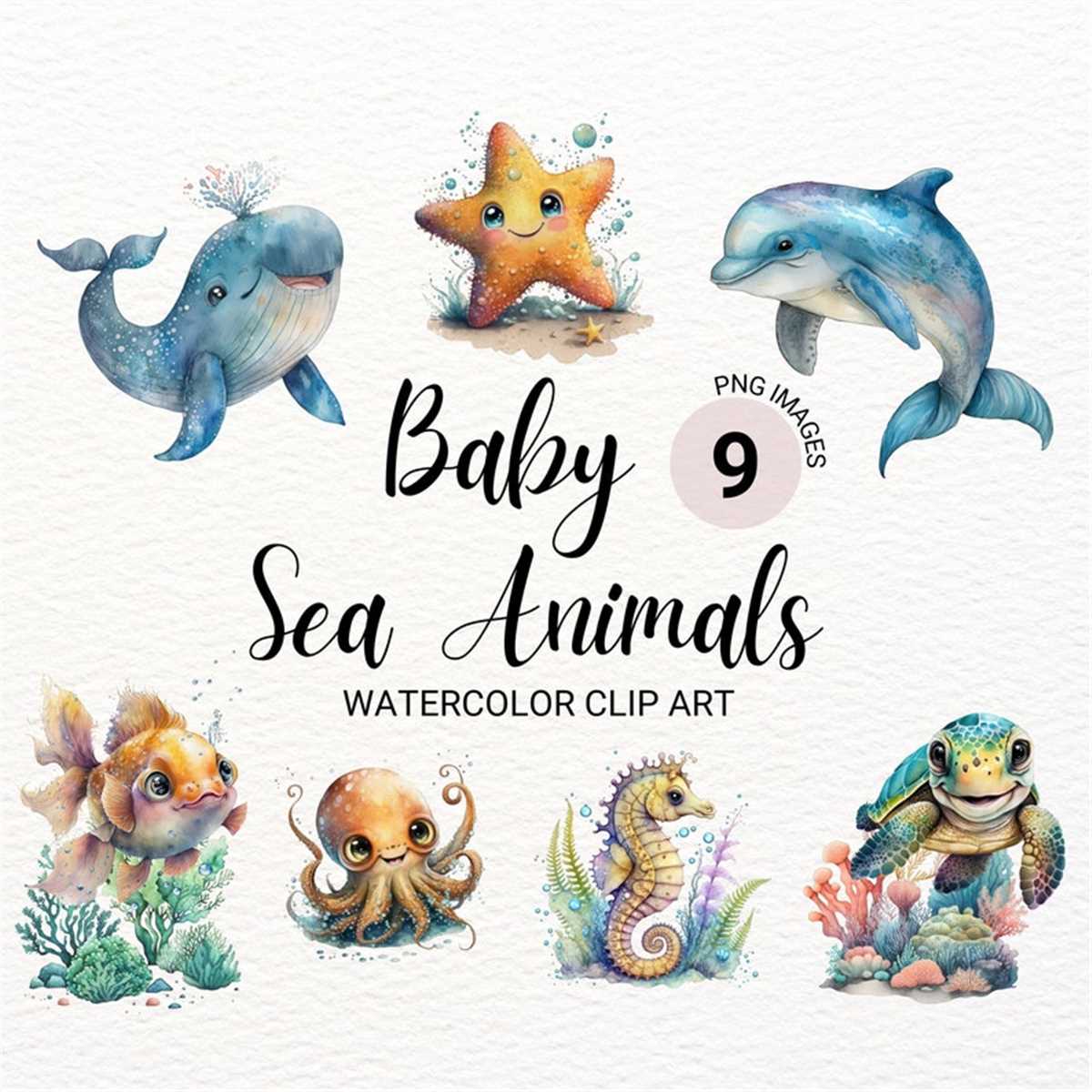 Baby Sea Animals Clipart | Watercolor Ocean PNG | Kawaii Sum - Inspire ...