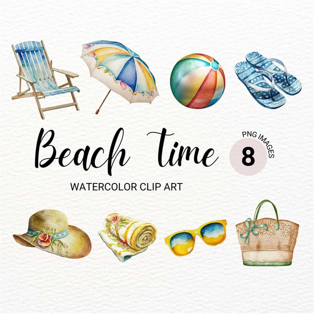 Beach Time Clipart | Watercolor Summer Clipart | Kawaii Clip | Inspire ...