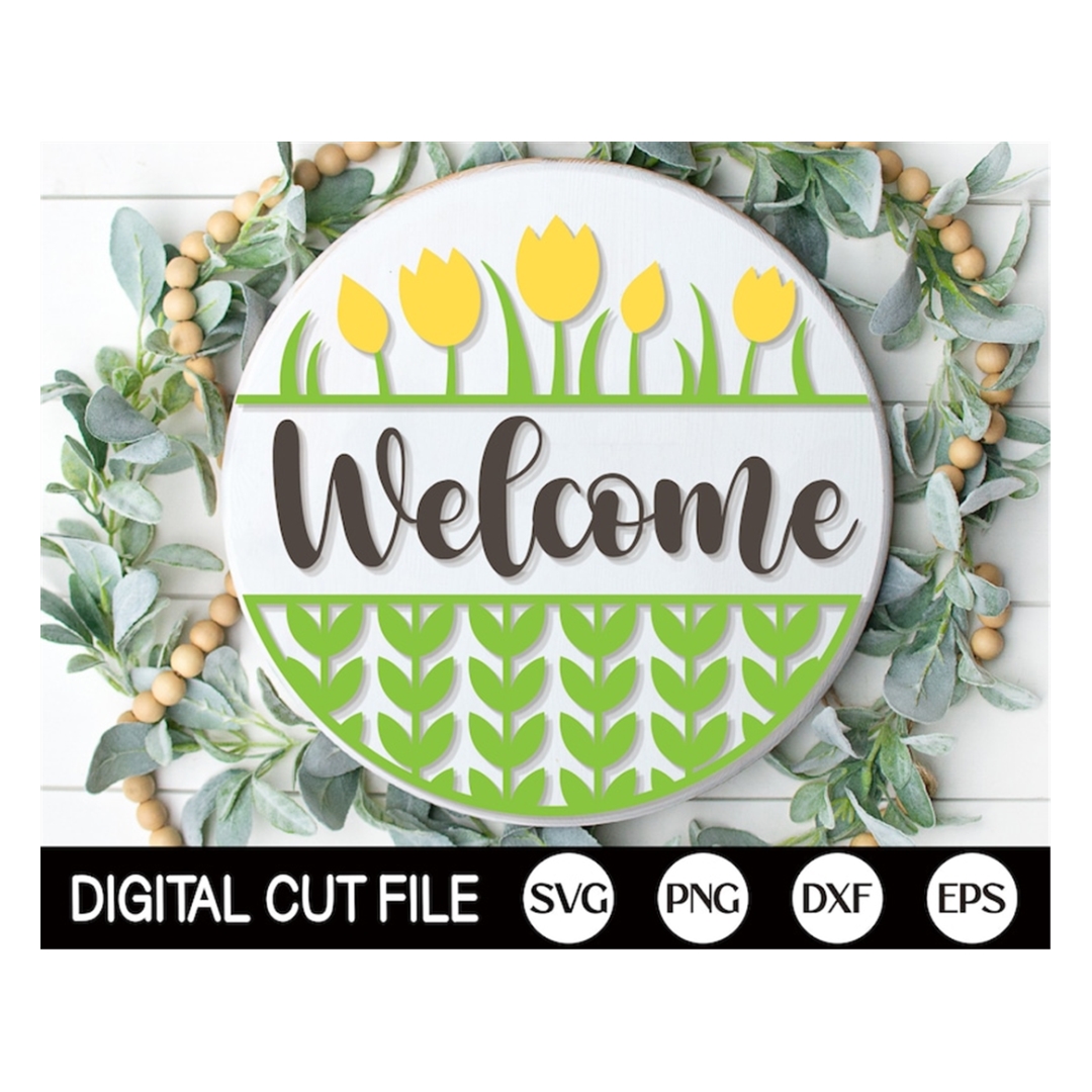 Spring Welcome Sign SVG, Round Door Hanger SVG, Spring Sign | Inspire ...