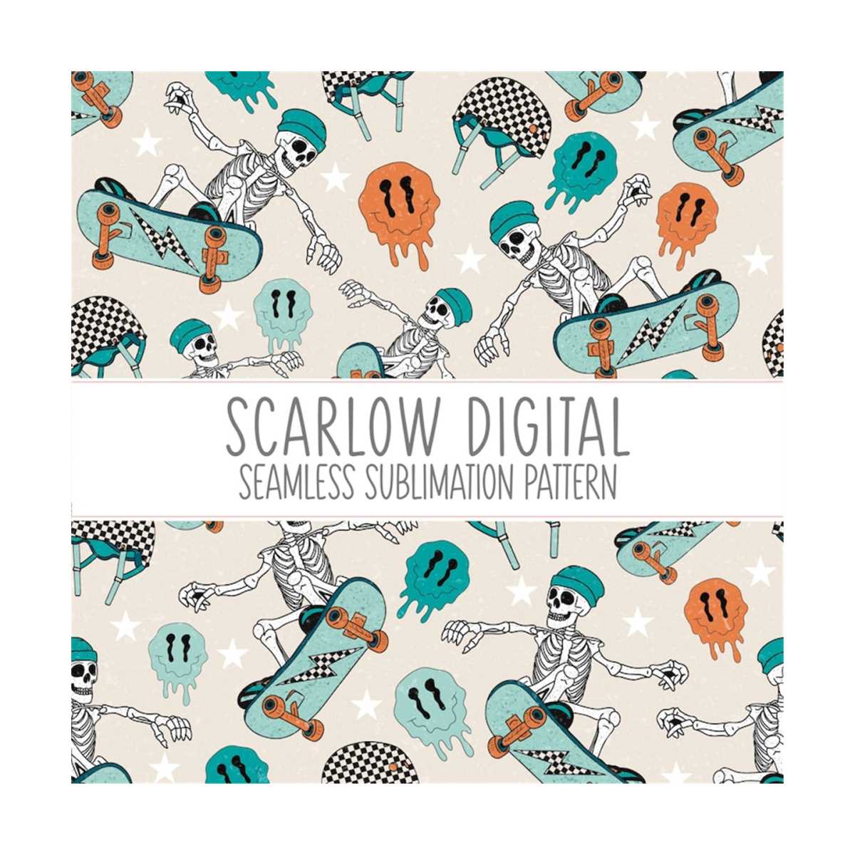 Skater Skeleton Seamless Pattern-Halloween Sublimation Digit - Inspire ...
