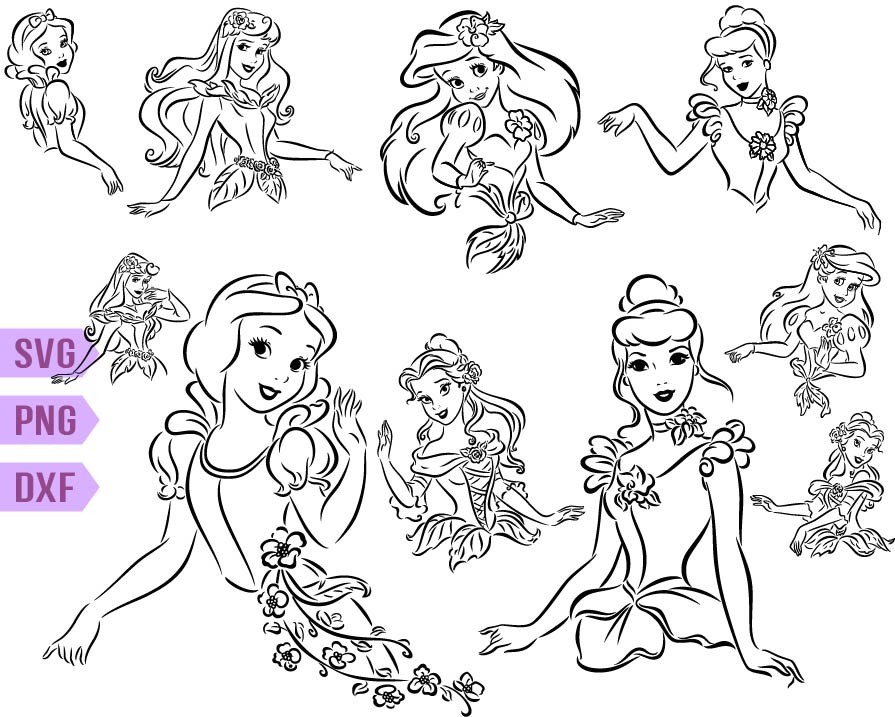 Disney Princess Outline SVG, Belle Ariel Cinderella Jasmine - Inspire ...
