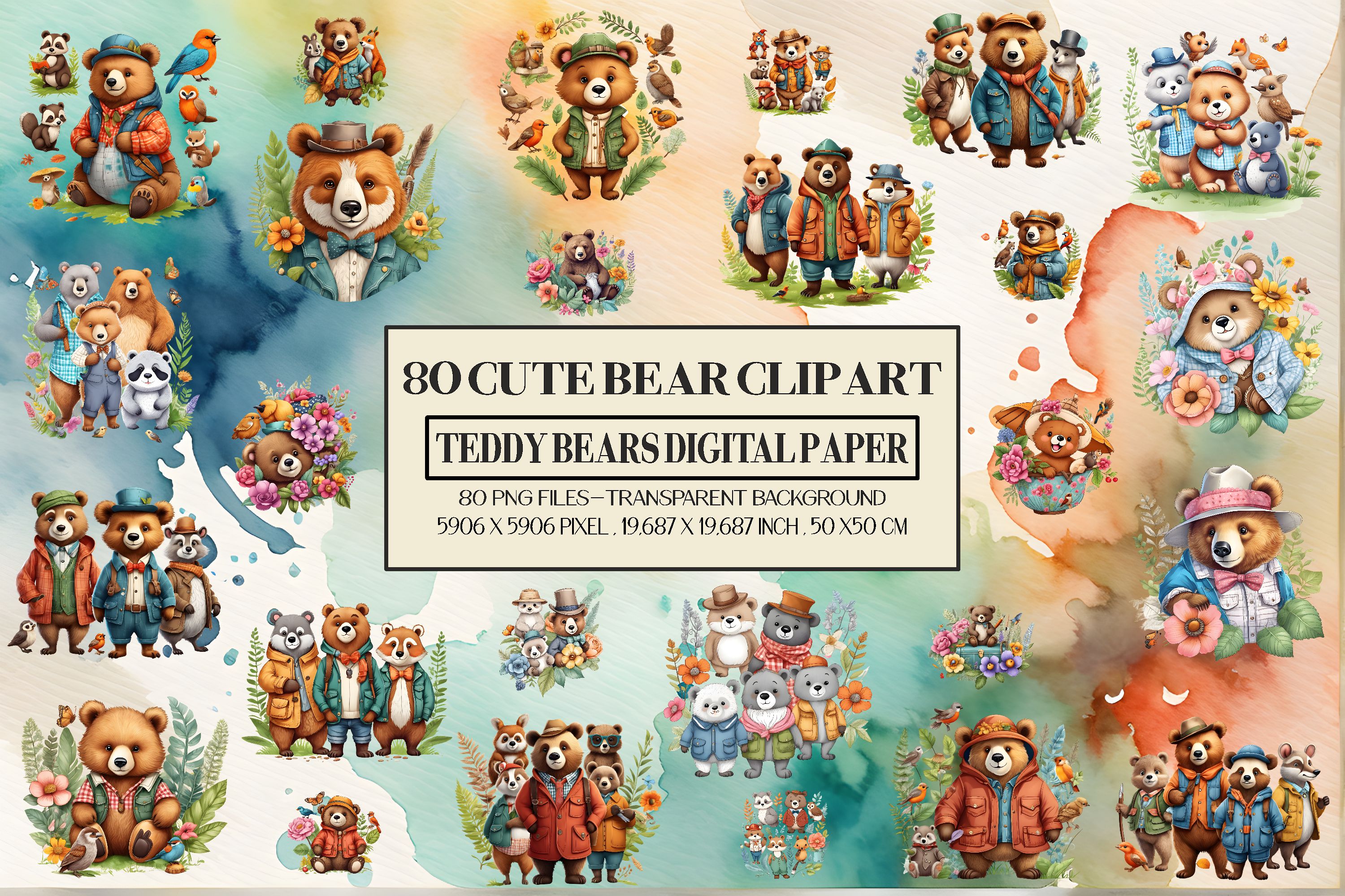 Cute Bear Cliparts, 80 Teddy Bear Illustration Digital Paper | Inspire ...