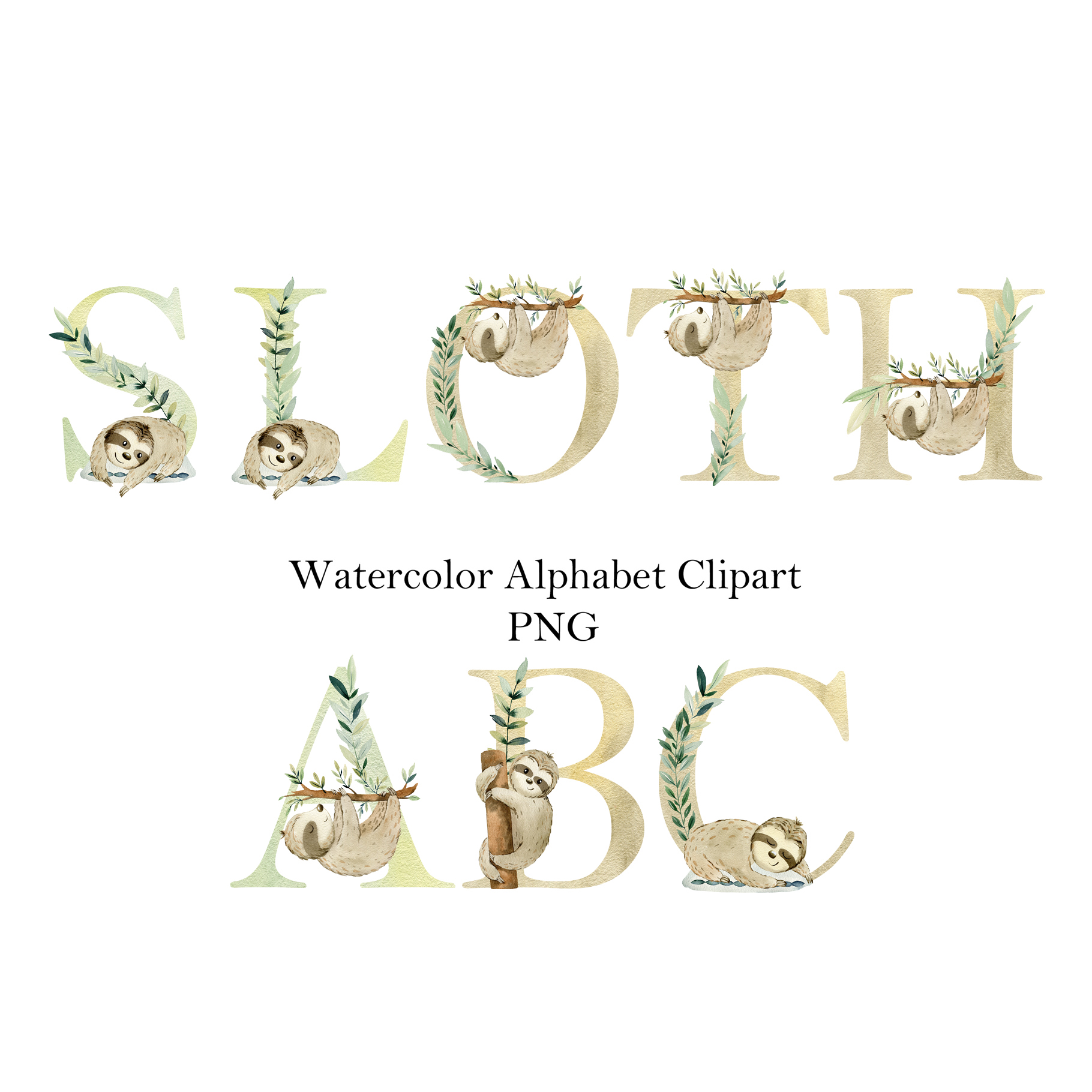 Cute watercolor sloths, safari animals letters, nursery alph - Inspire ...