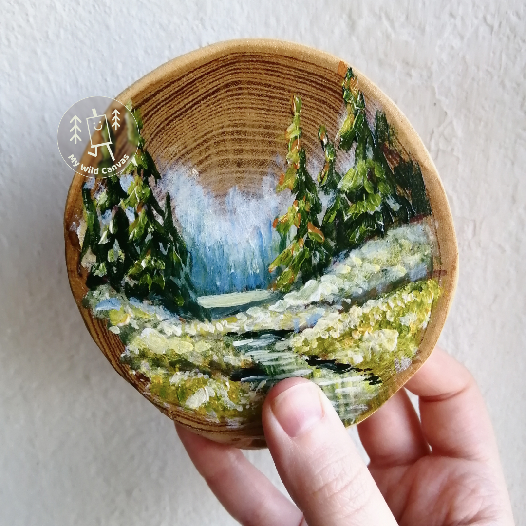 Serene Landscape, Rustic Wood Slice Painting | Inspire Uplift