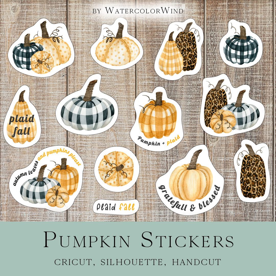 Fall Plaid Watercolor Pumpkins Printable Stickers for cricut | Inspire ...