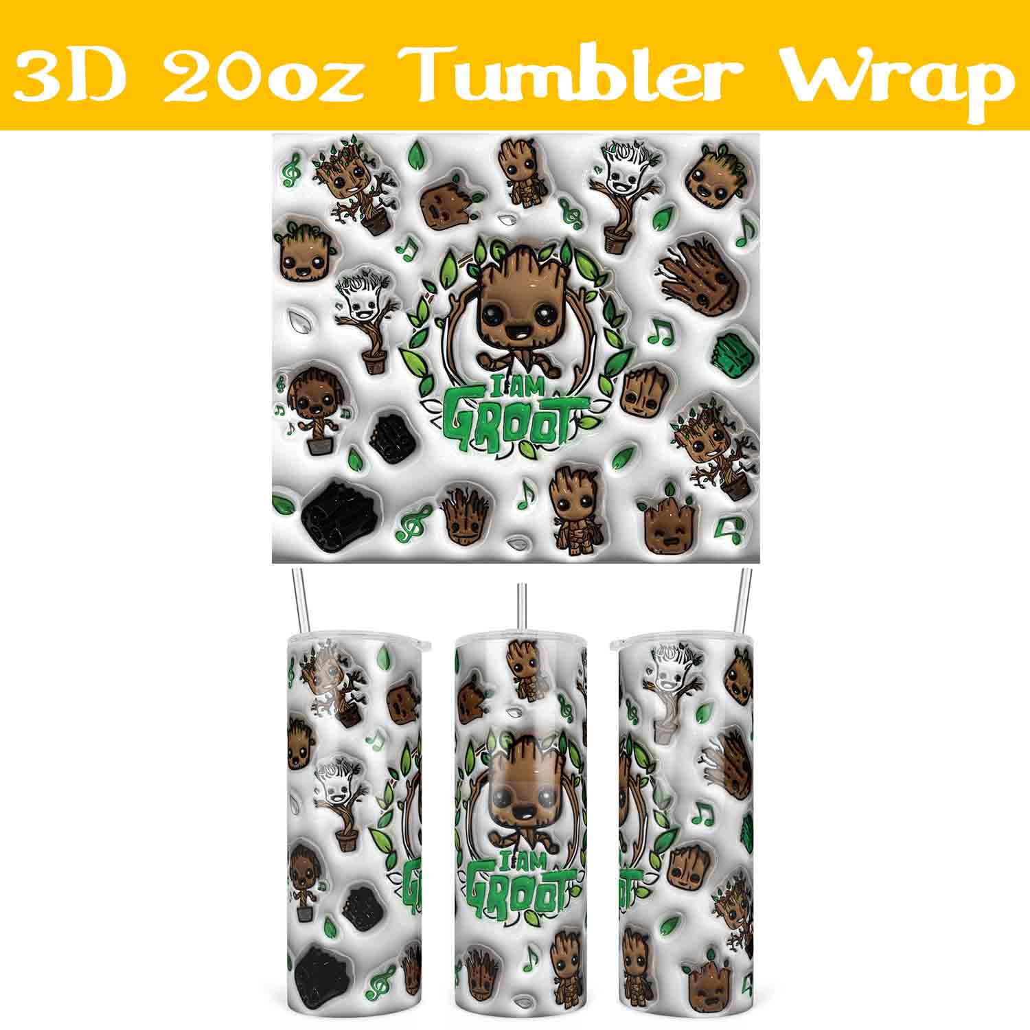 3D Inflated I Am Groot Tumbler Wrap PNG, Halloween 3D Tumble | Inspire ...