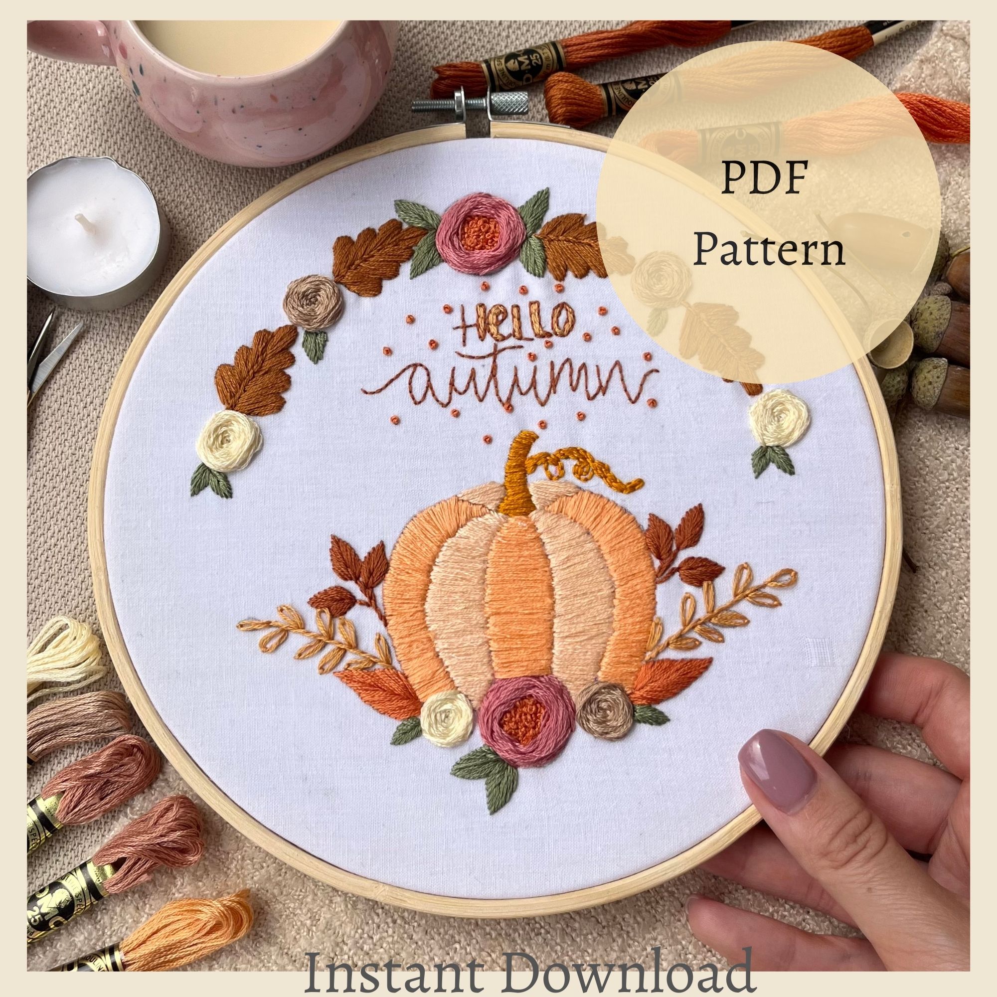 Pumpkin Floral Embroidery PDF pattern for beginners Cozy Vi | Inspire ...