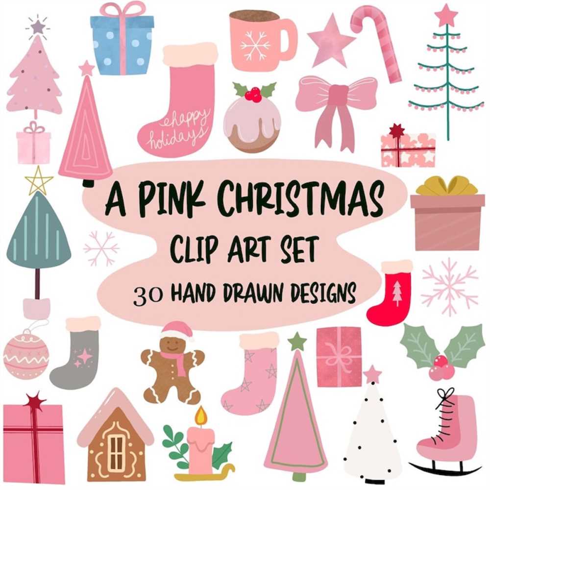 Pink Christmas hand drawn Clip Art bundle / 30 PNG images / - Inspire ...