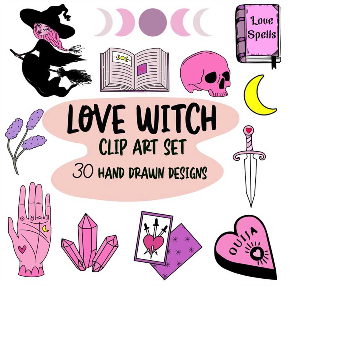 Love Witch hand drawn Clip Art bundle / 30 PNG images / witc | Inspire ...