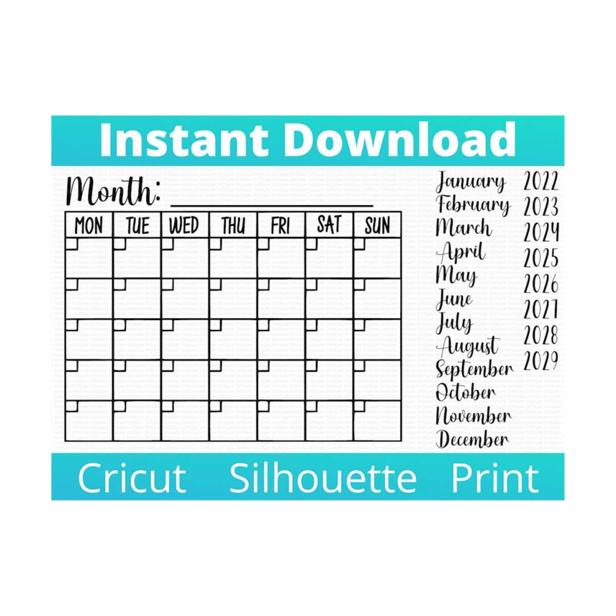 Calendar Month Template SVG PNG jpg pdf for Whiteboard, Prin | Inspire ...