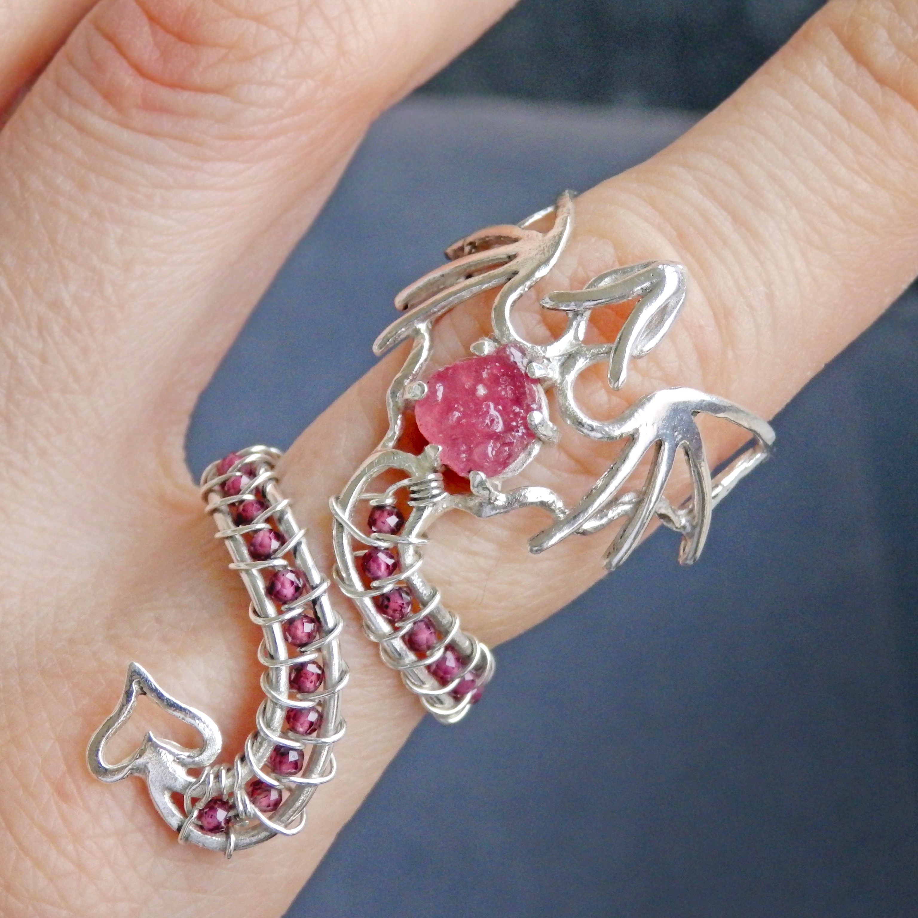 Silver Dragon ring, red dragon, ruby jewelry, Wire wrap ring | Inspire ...