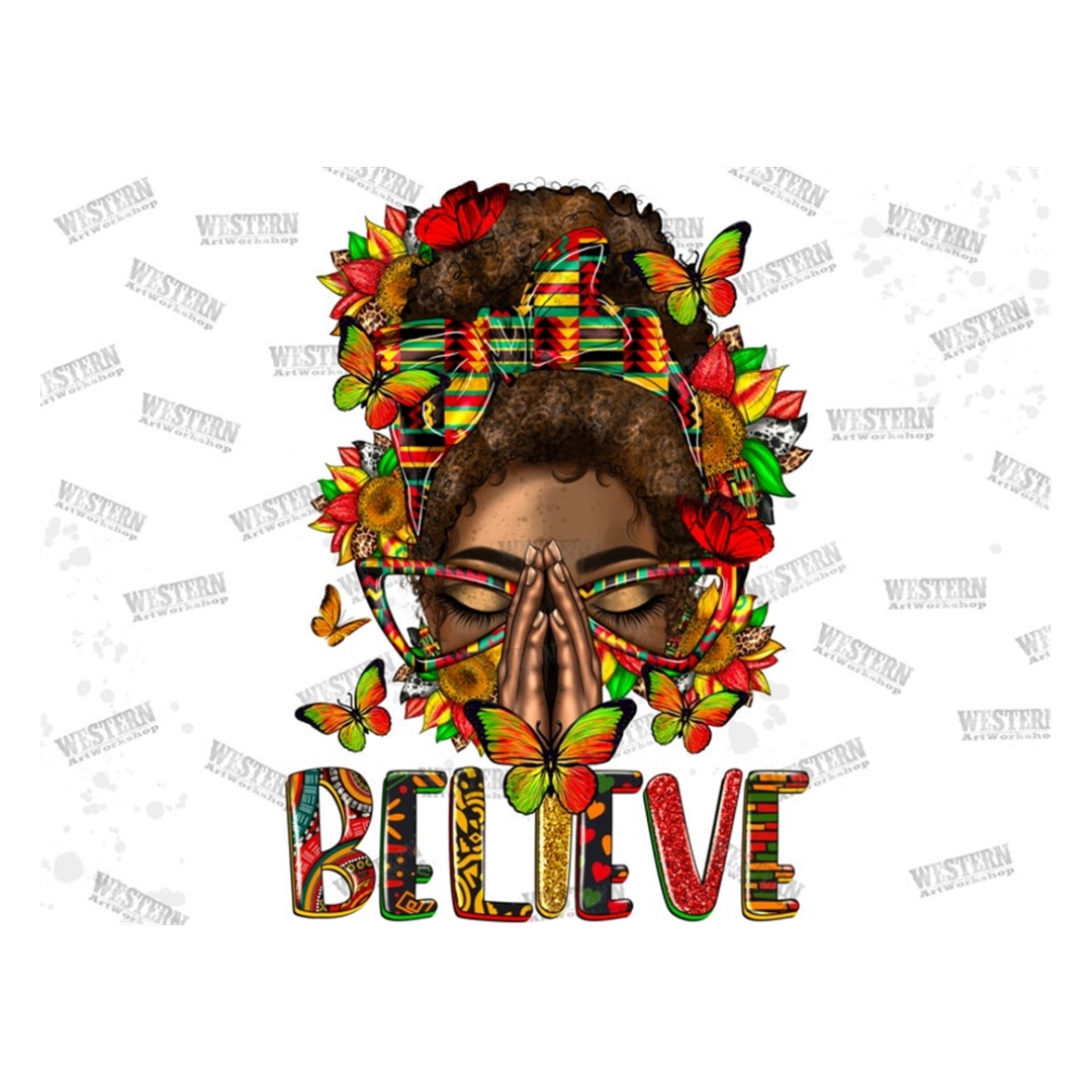 Juneteenth Afro Messy Bun Believe Png, Praying afro messy bu - Inspire ...