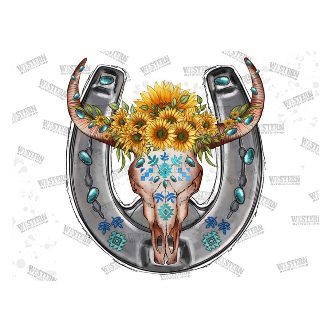 Sunflower Bull Skull With Horseshoe Png, Western Horseshoe P | Inspire ...