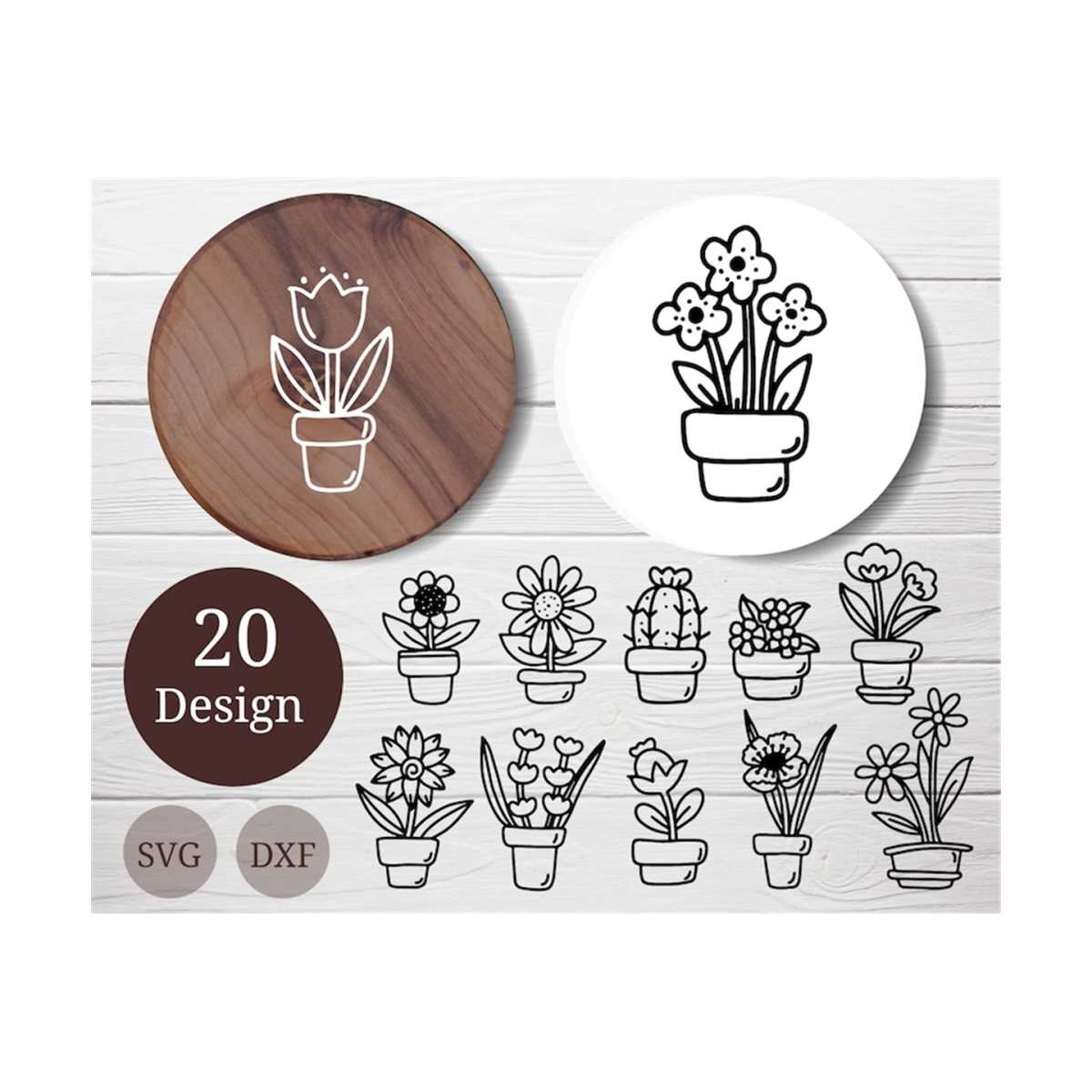 20 SVG Flowers with pots bundle for cut file, flower hand dr - Inspire ...