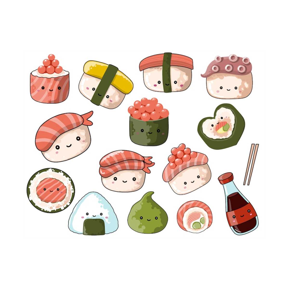 15 Kawaii Sushi Clipart Cute Sushi Clipart Set bundle | Inspire Uplift