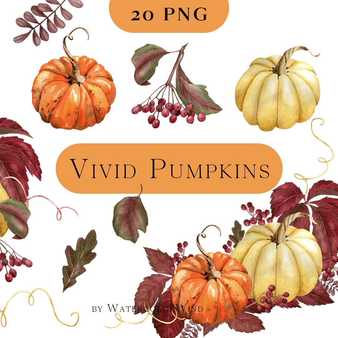 Watercolor fall pumpkin clipart, autumn harvest PNG arrangem | Inspire ...