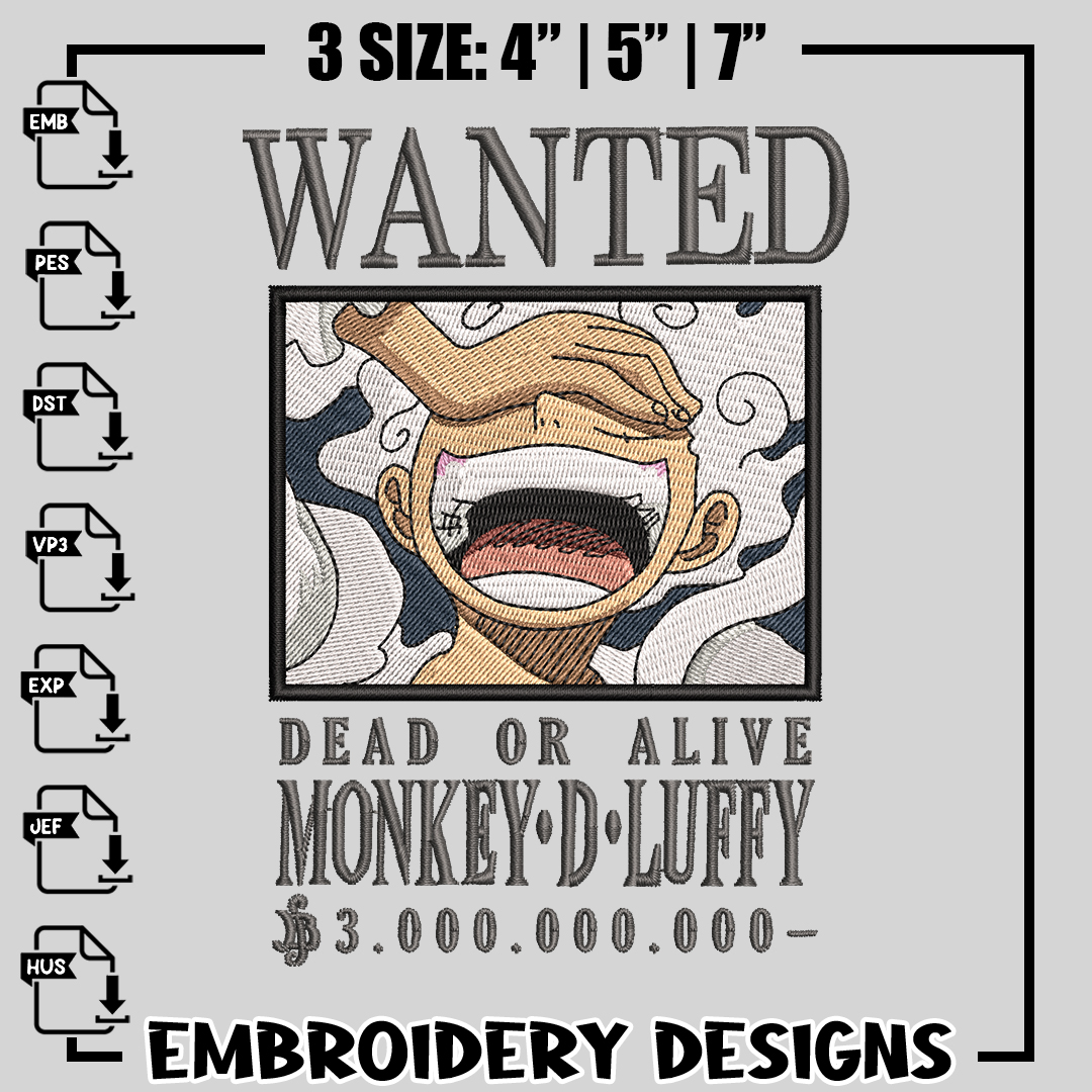 Luffy Gear 5 Bounty embroidery design, One Piece embroidery, | Inspire ...