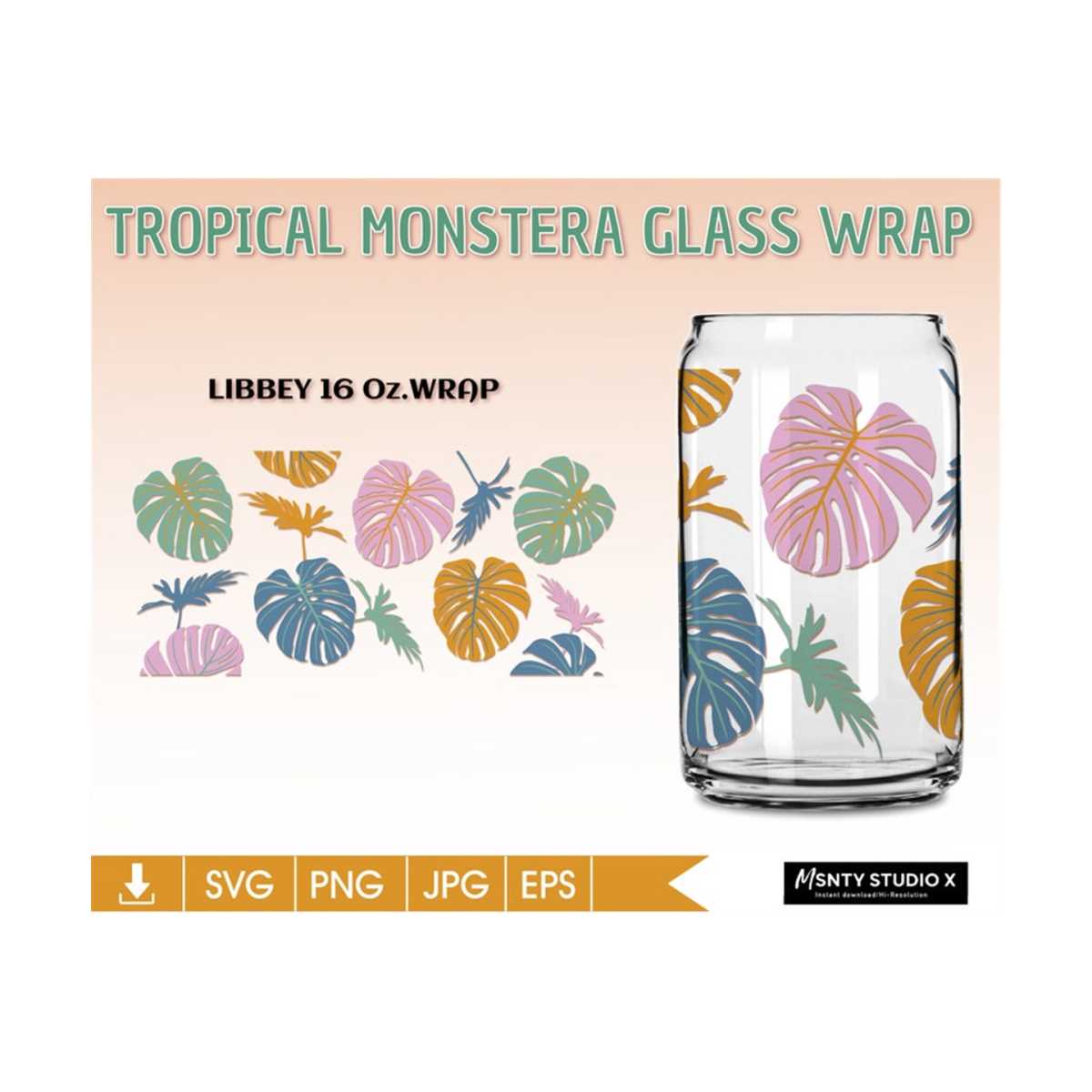 Tropical Monstera leaf can Glass Wrap Svg ,Libbey 16oz can g | Inspire ...