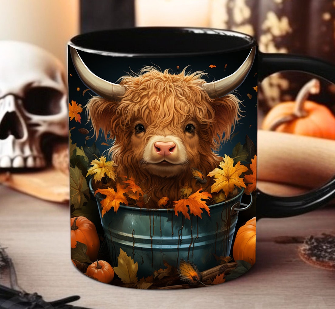 Autumn Highland Cow in Bucket Mug Design Digital Download | Inspire Uplift