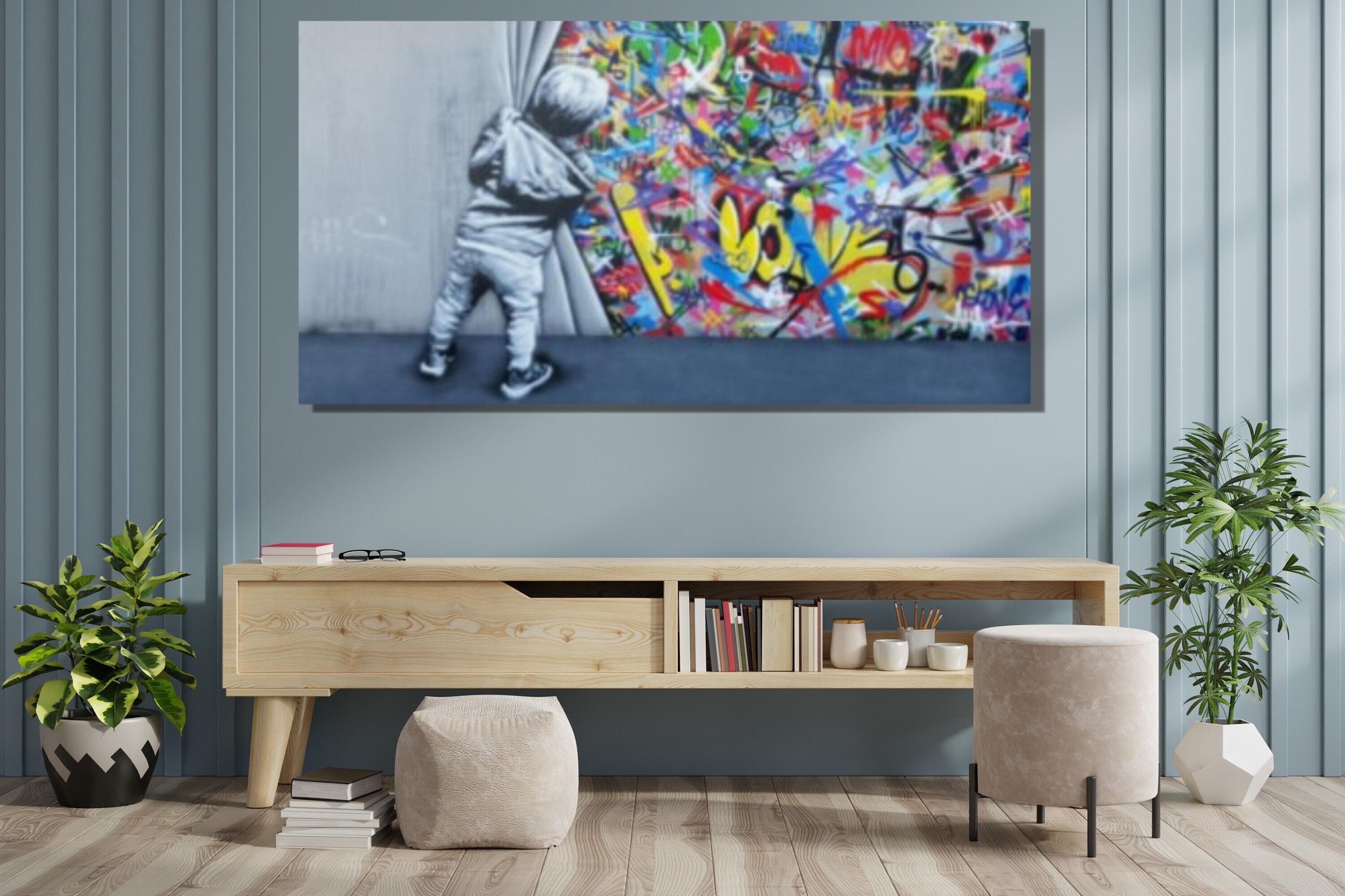 Banksy Child Stage Canvas,Living Room Decor,Child Pulling Ba | Inspire ...