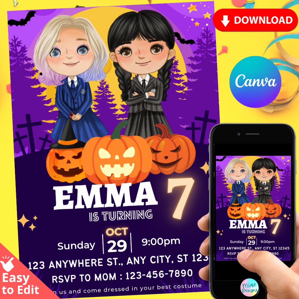 Wednesday Addams Halloween Birthday Party Invitation | Inspire Uplift