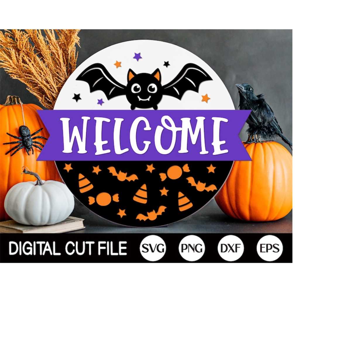 Halloween Bat Welcome Sign SVG, Halloween Door Hanger SVG, B | Inspire ...