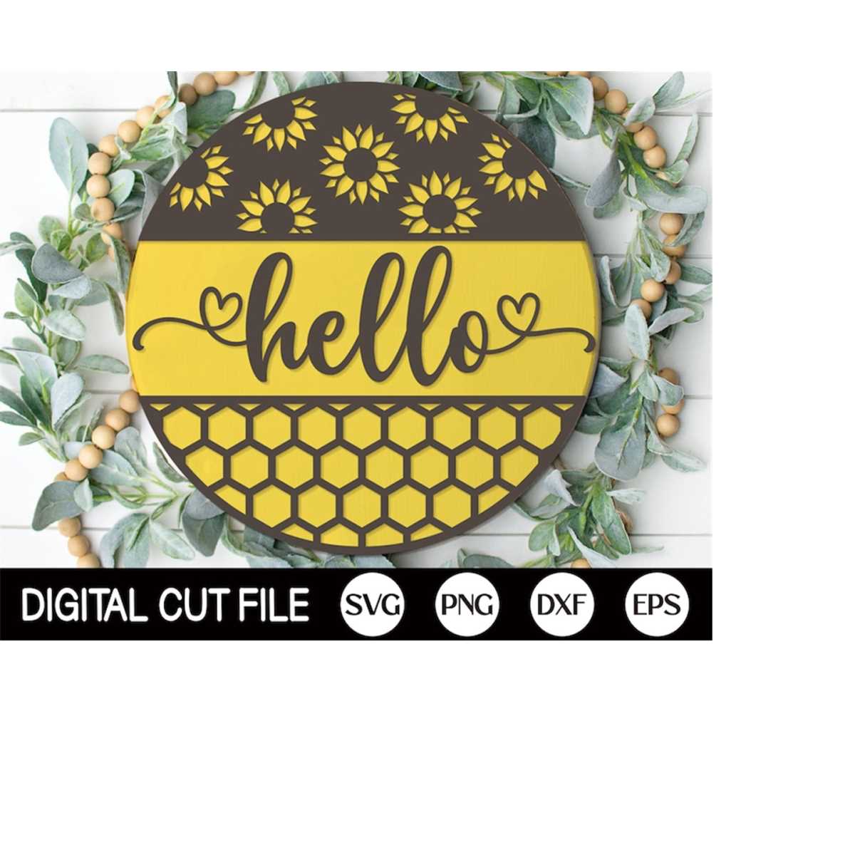 Hello Sunflower Welcome Sign SVG, Round Door Hanger SVG, Flo | Inspire ...