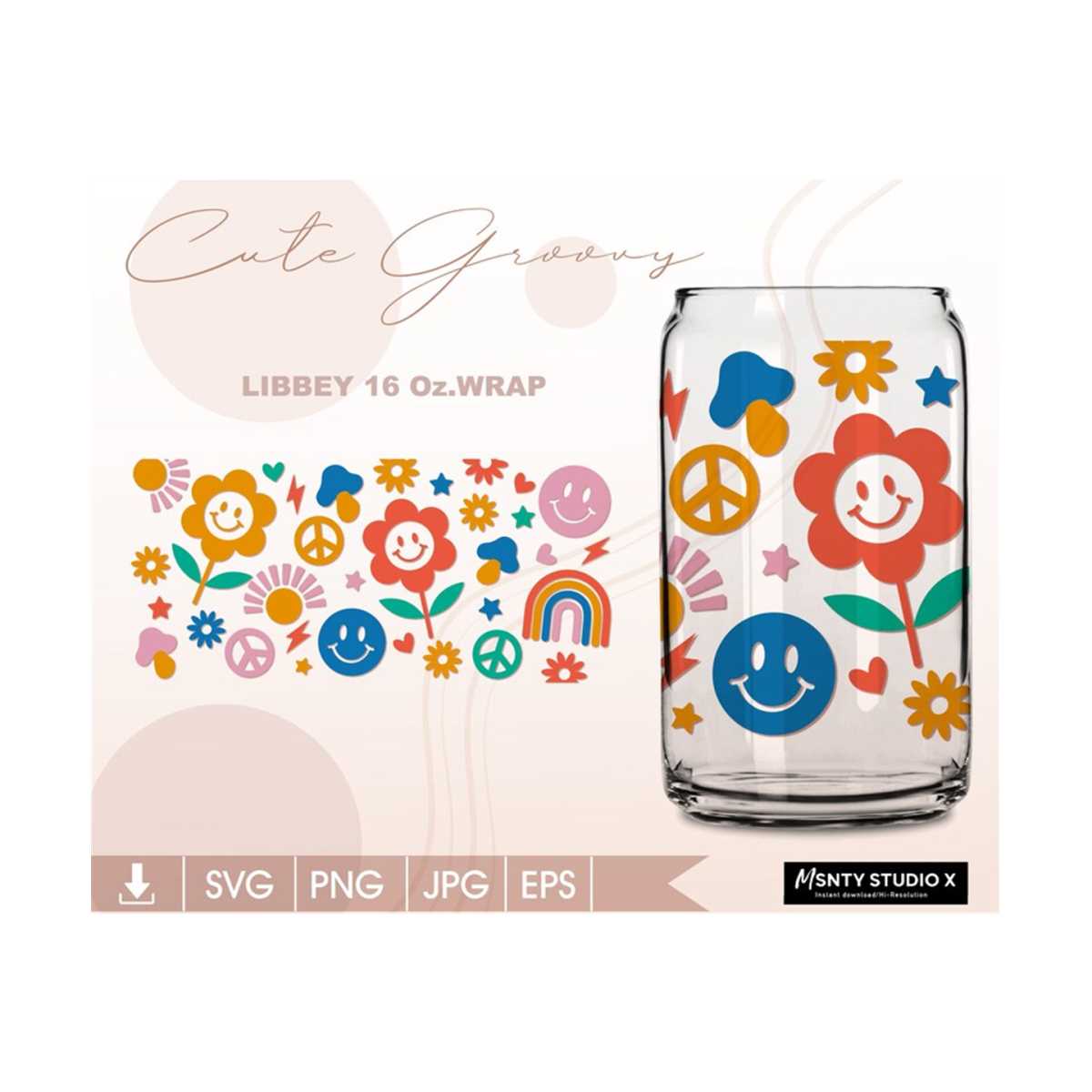 Full wrap Cute Groovy can glass wrap svg , for 16oz Glass Ca | Inspire ...