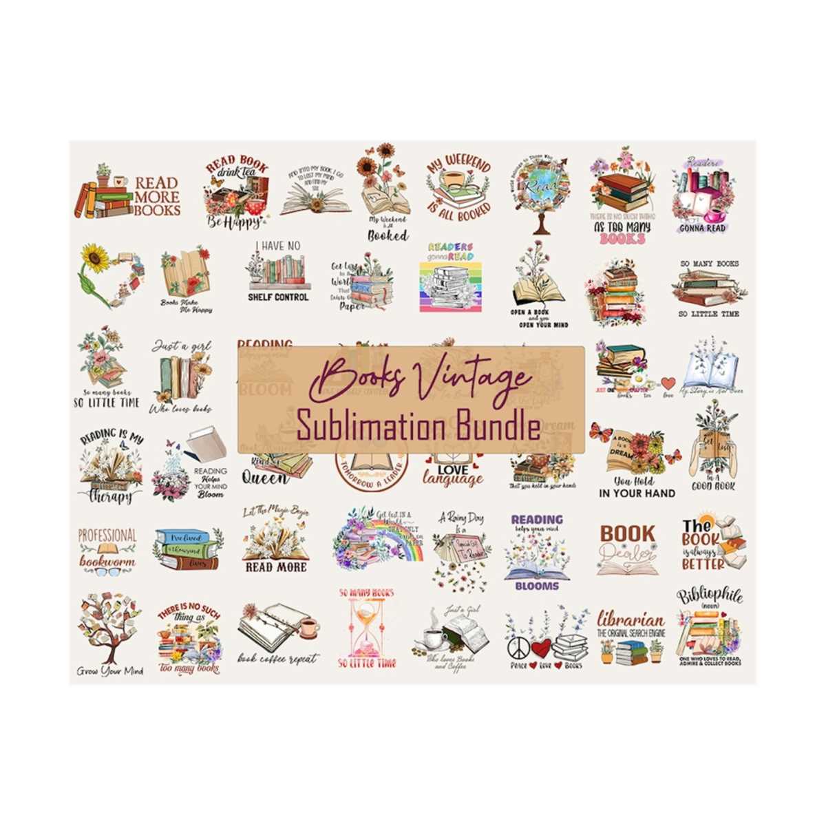 Books Vintage Sublimation Bundle, Book Lover Png, Book Quote | Inspire ...