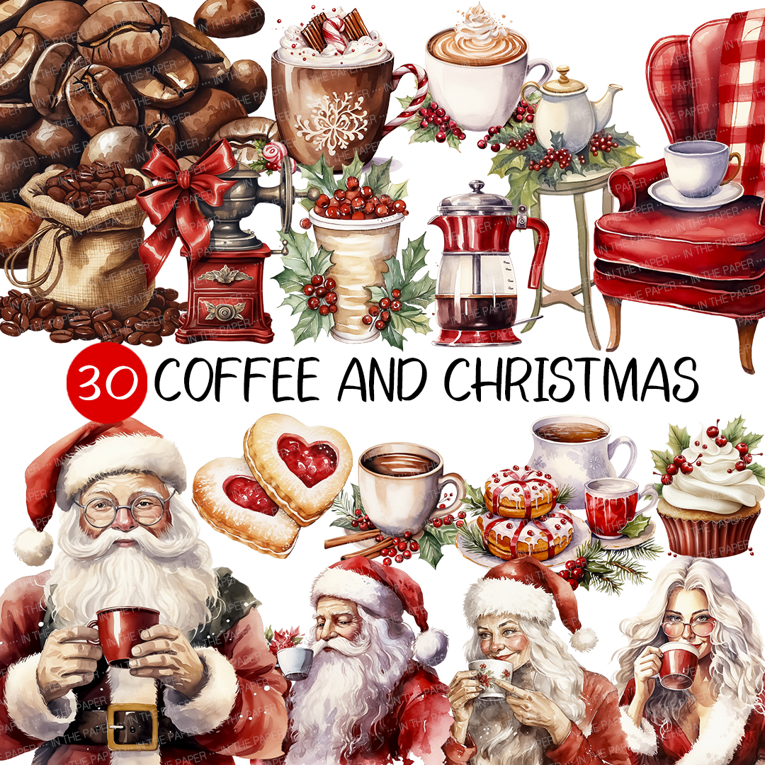Cozy Christmas Coffee Watercolor Clipart | Santa Claus PNG, | Inspire ...