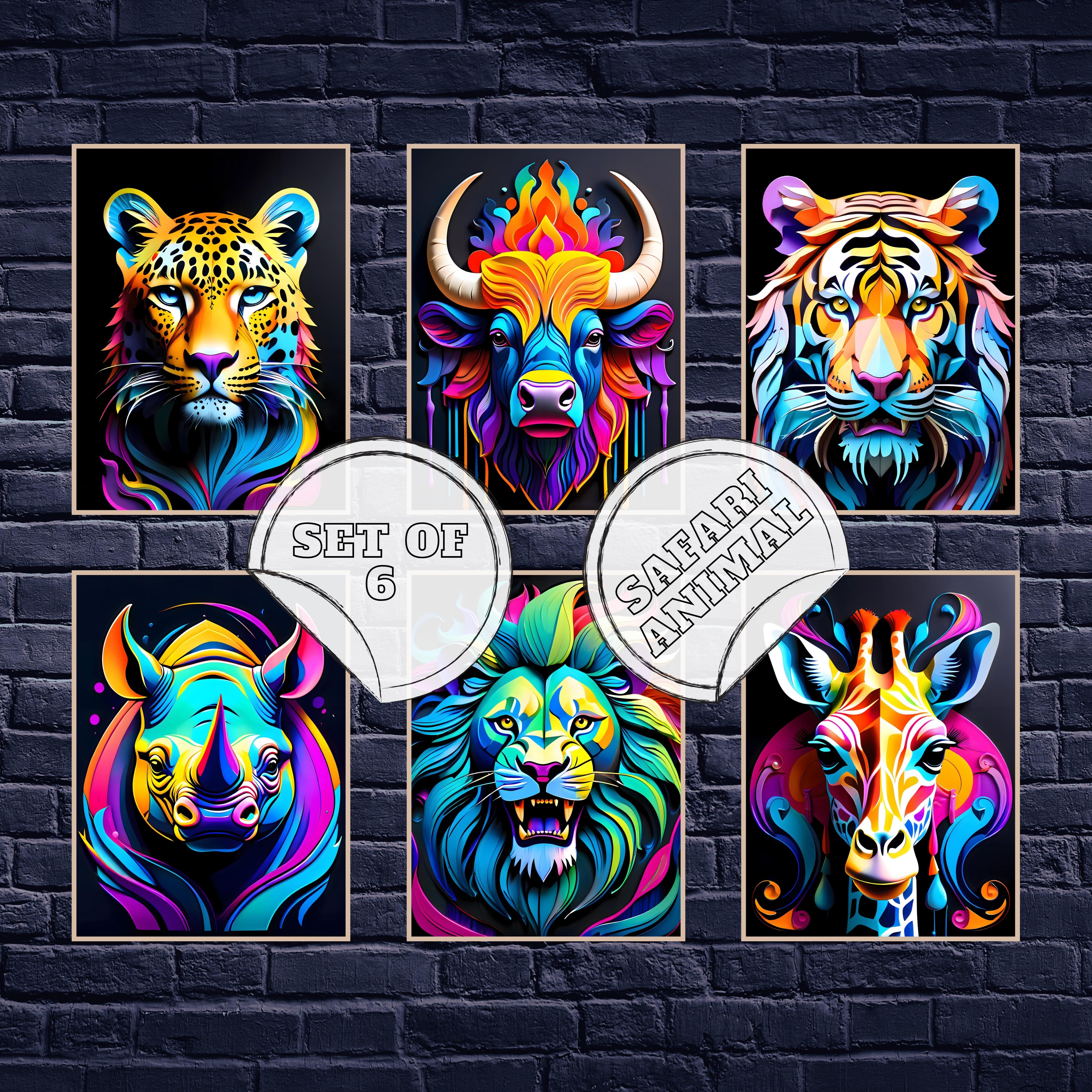 Set of 6 Colorful Safari Animals Digital Wall Art, 3D Colorf - Inspire ...