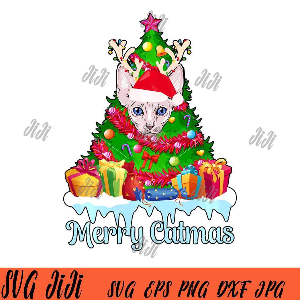 Merry Catmas PNG, Sphynx Cat Christmas Tree PNG - Inspire Uplift
