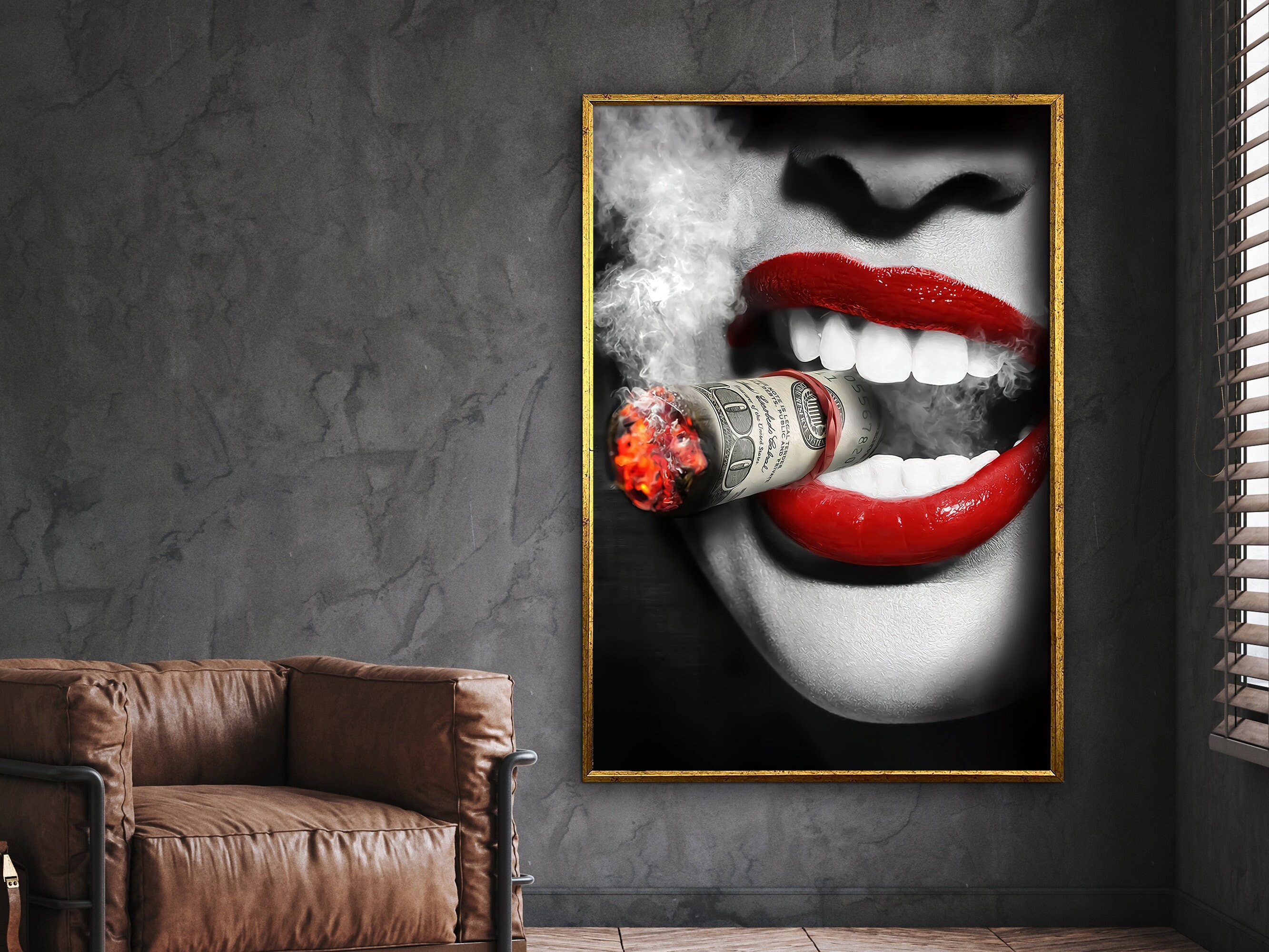 Smoking Woman Poster, Lips Money Cigar Canvas Unique Design, | Inspire ...