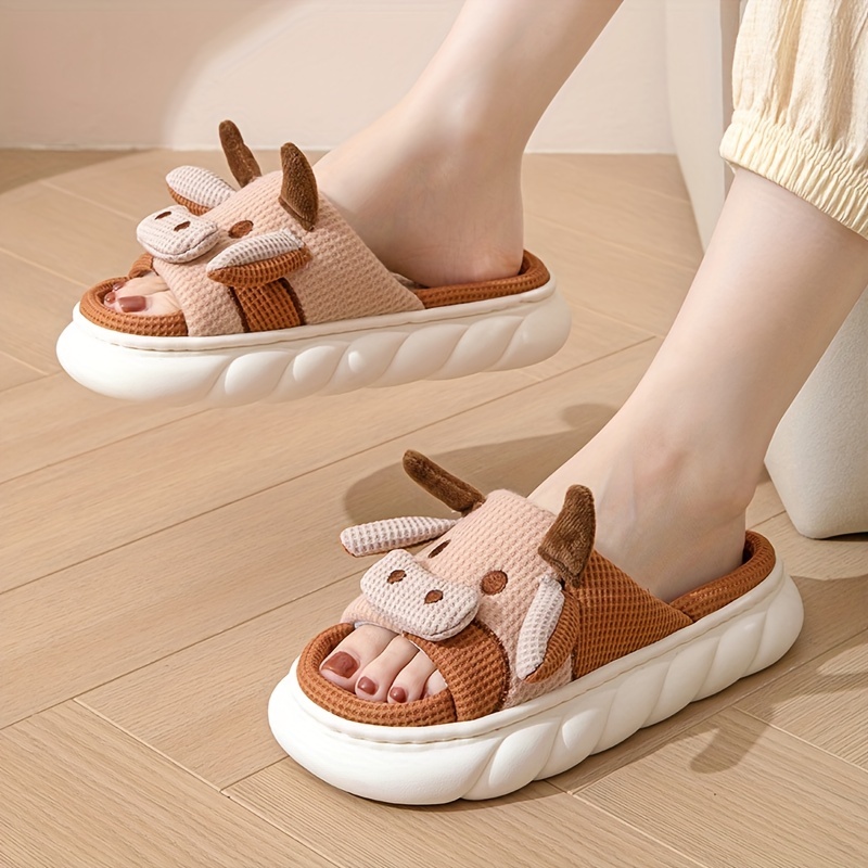 Women's Kawaii Brown Cow Design Slippers, Cute Slip On Platf - Inspire ...