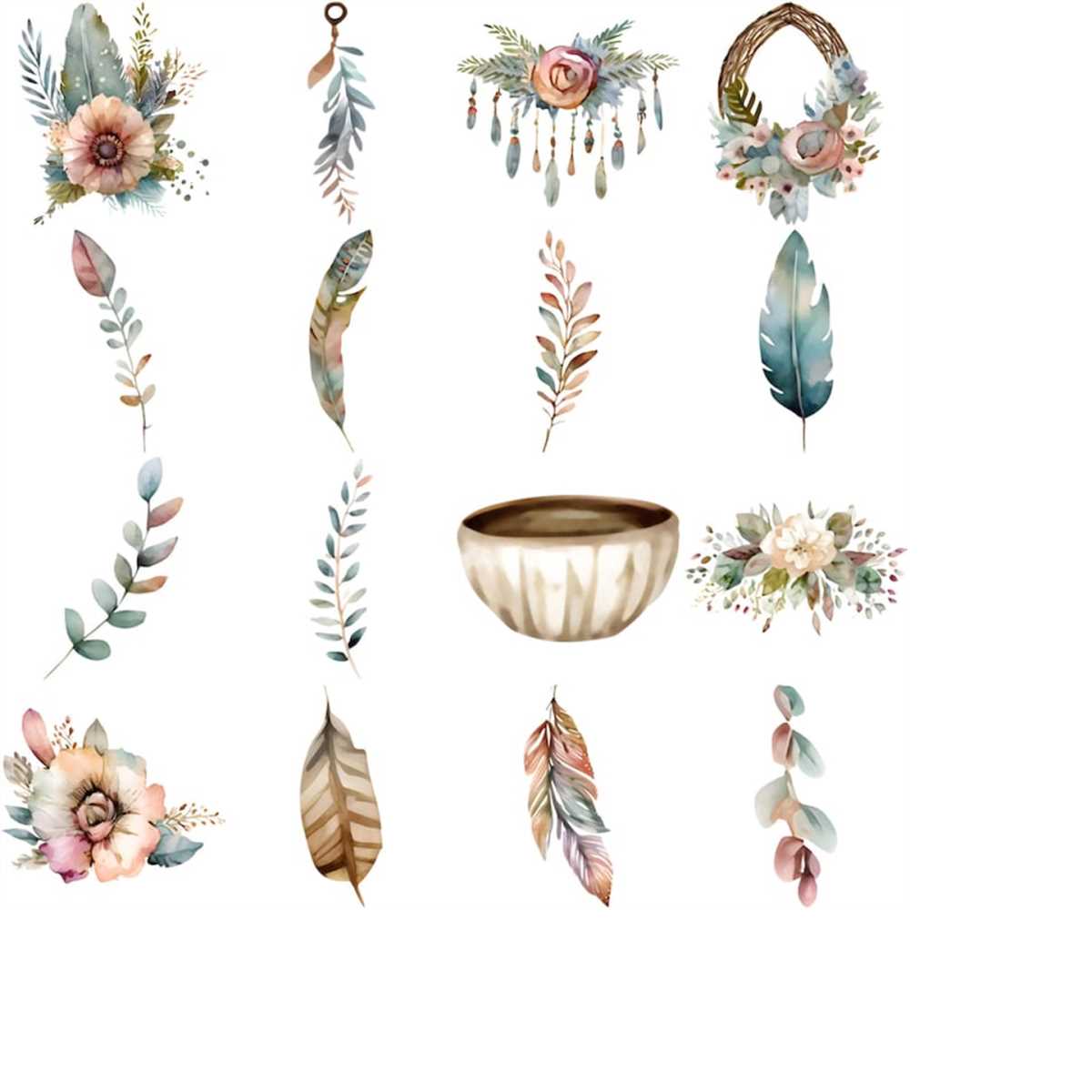 Boho Floral Clip Art - Watercolor Flowers and Leaves Instant | Inspire ...