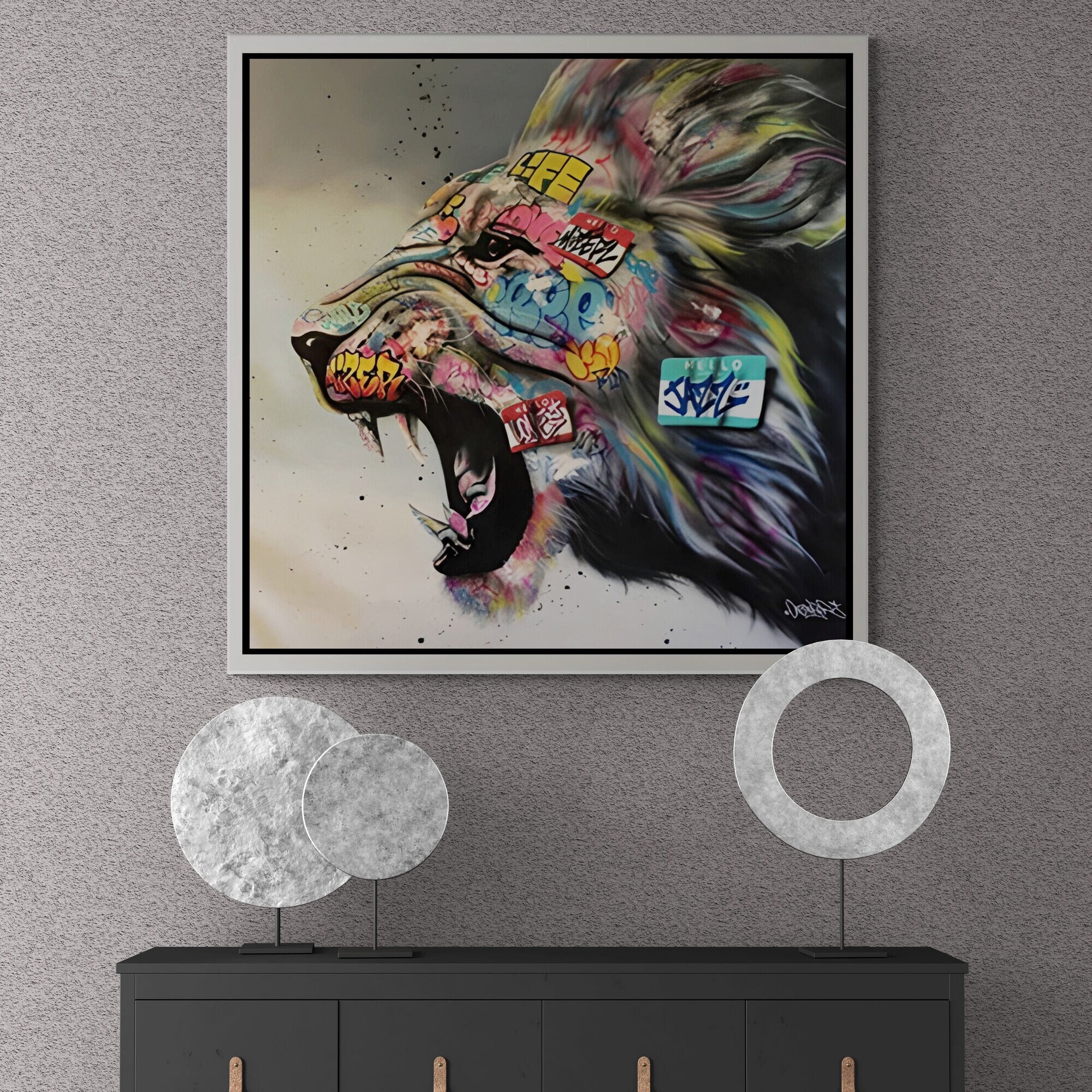 Banksy Graffiti Wall Art, Banksy Lion Framed Canvas, Lion Gr | Inspire ...