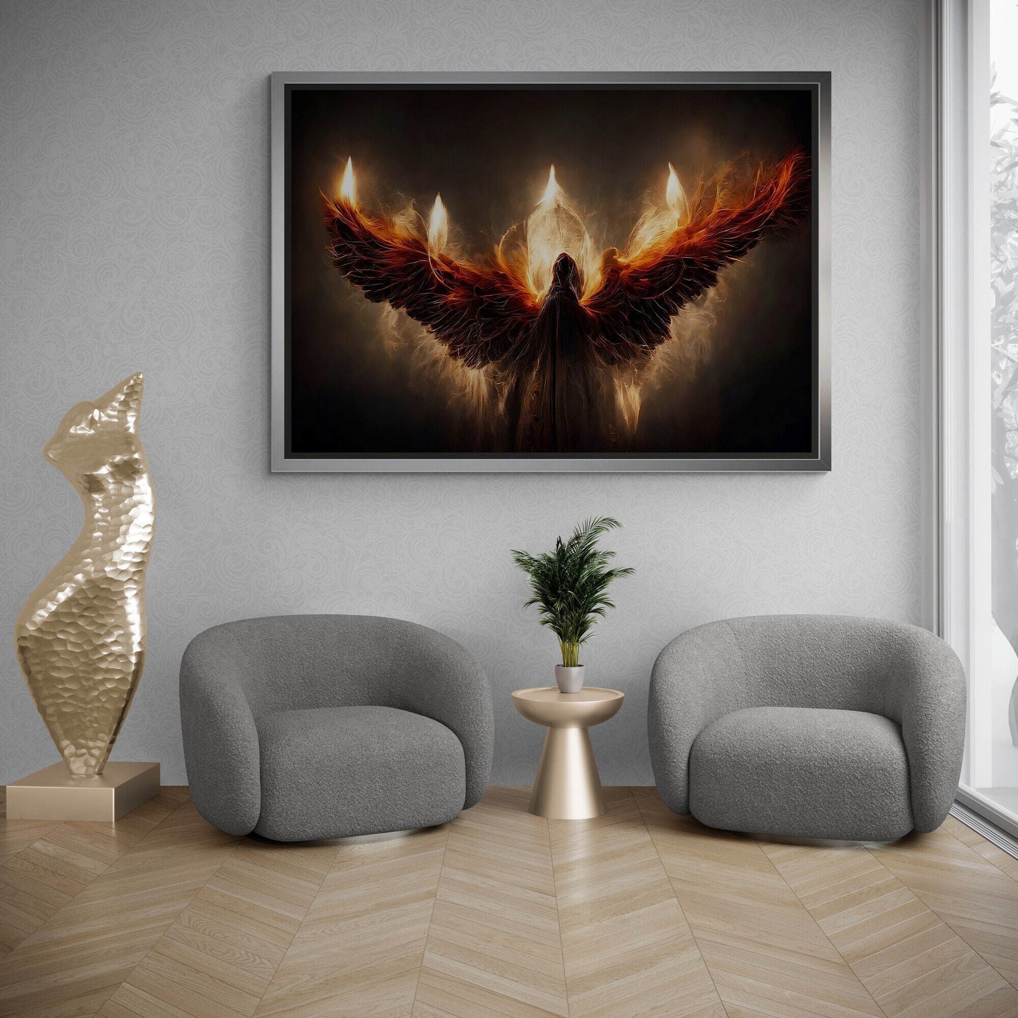Demon in Fire Framed Canvas, Lucifer With Glowing Fire Wings | Inspire ...