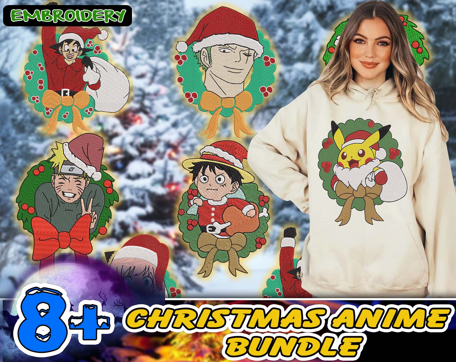 Christmas Embroidery Designs, Christmas Anime Embroidery Bun - Inspire ...