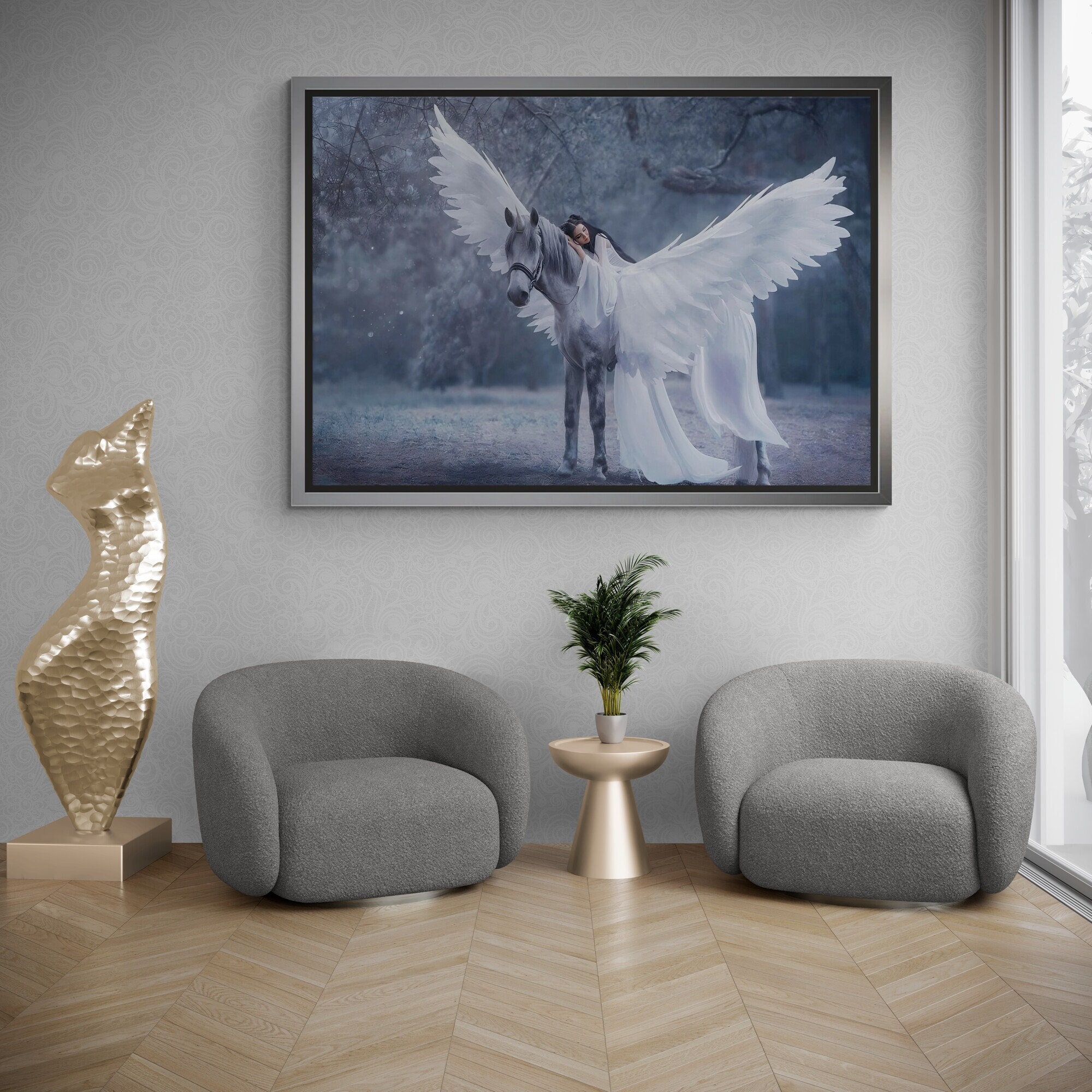 Pegasus And Elf Wall Art, Elf Lady Framed Canvas, Modern Wal | Inspire ...