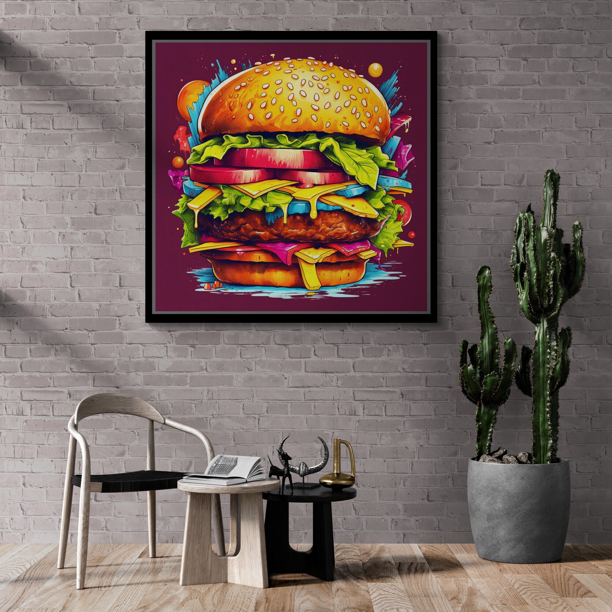 Pop Art Burger Framed Canvas, Hamburger Wall Art, Kitchen Wa | Inspire ...