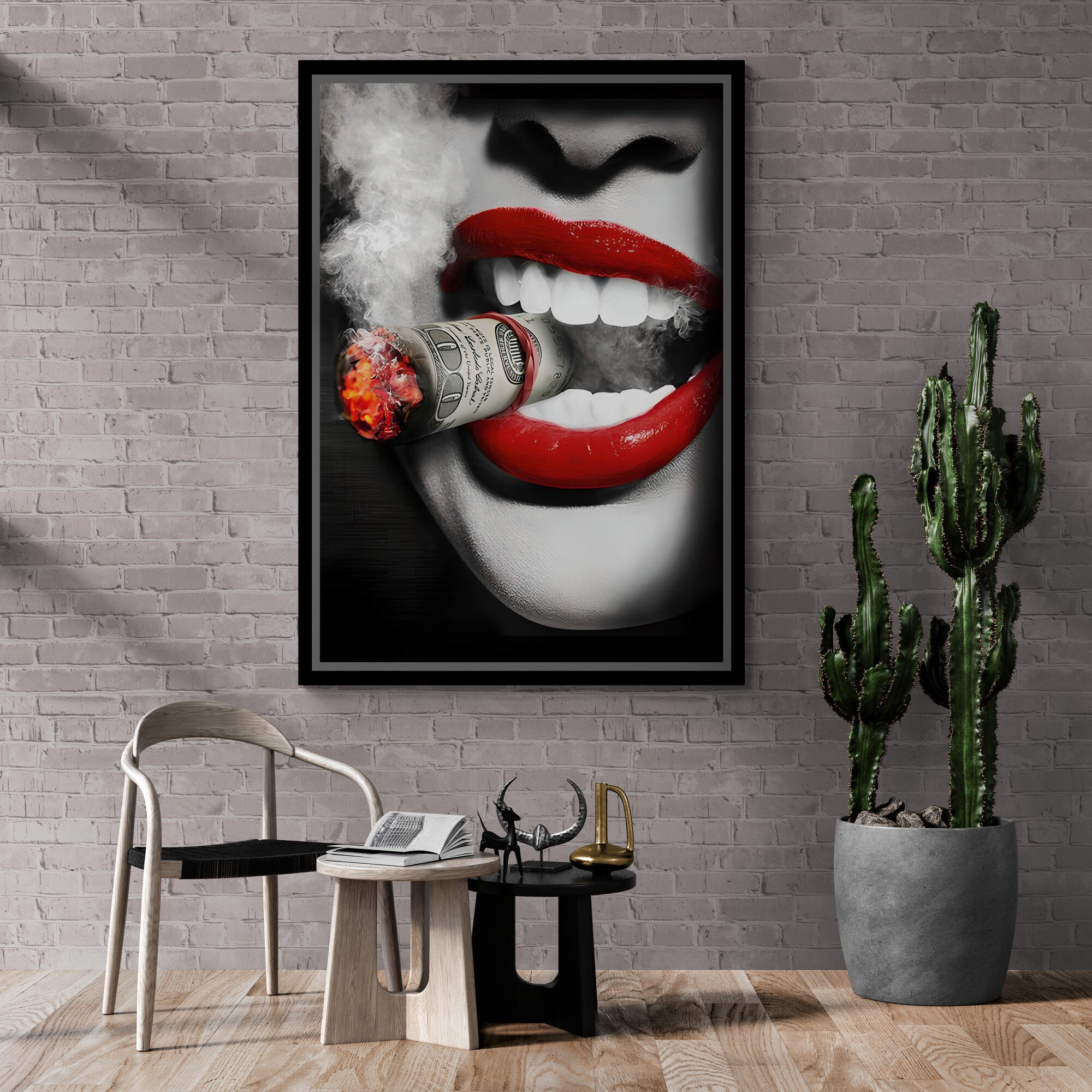 Woman Smoking Cigar Wall Art, Woman with Red Lipstick Framed | Inspire ...