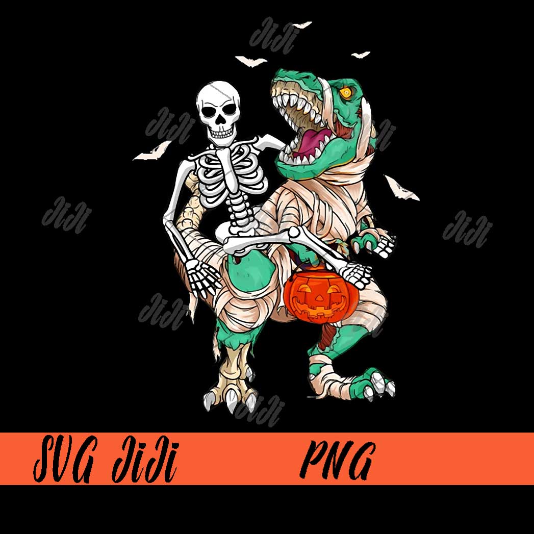Skeleton Riding Mummy Dinosaur PNG, T Rex Halloween PNG - Inspire Uplift