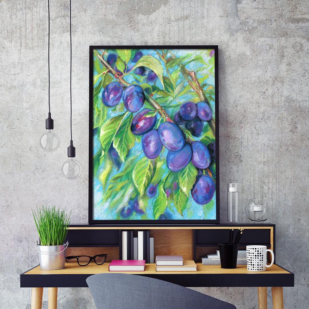 Plums, fruit image, poster with plums, Oil pastel, Art print | Inspire ...