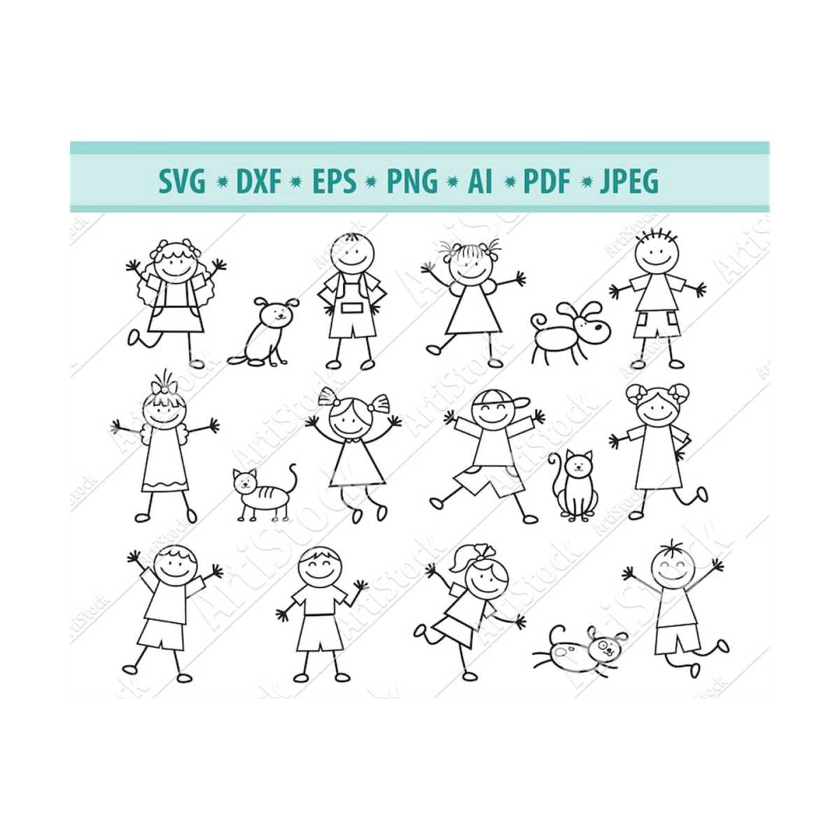 Stick kids svg bundle, Stick pets Svg, Stick kids clipart, F | Inspire ...