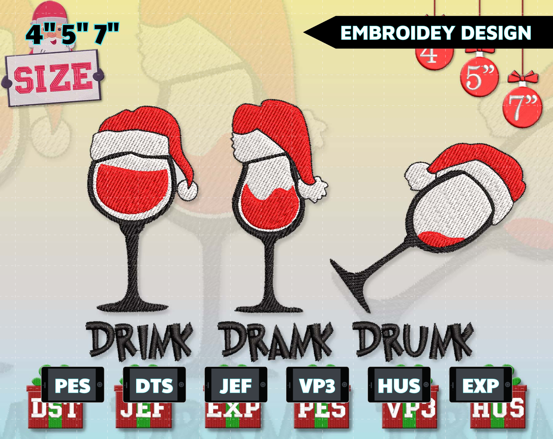 Drink Drank Drunk Embroidery, Wine Glass Embroidery Designs, - Inspire Uplift